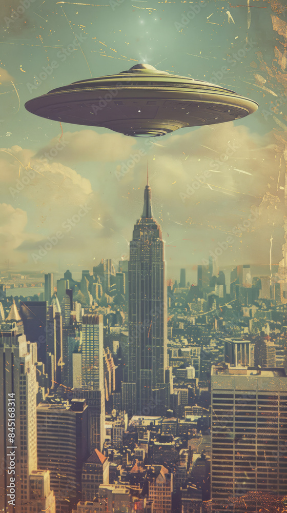 Retro vintage color photograph movie poster dramatic UFO flying saucer ...