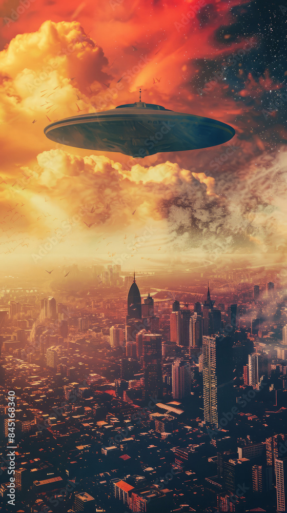 Retro vintage color photograph movie poster dramatic UFO flying saucer ...