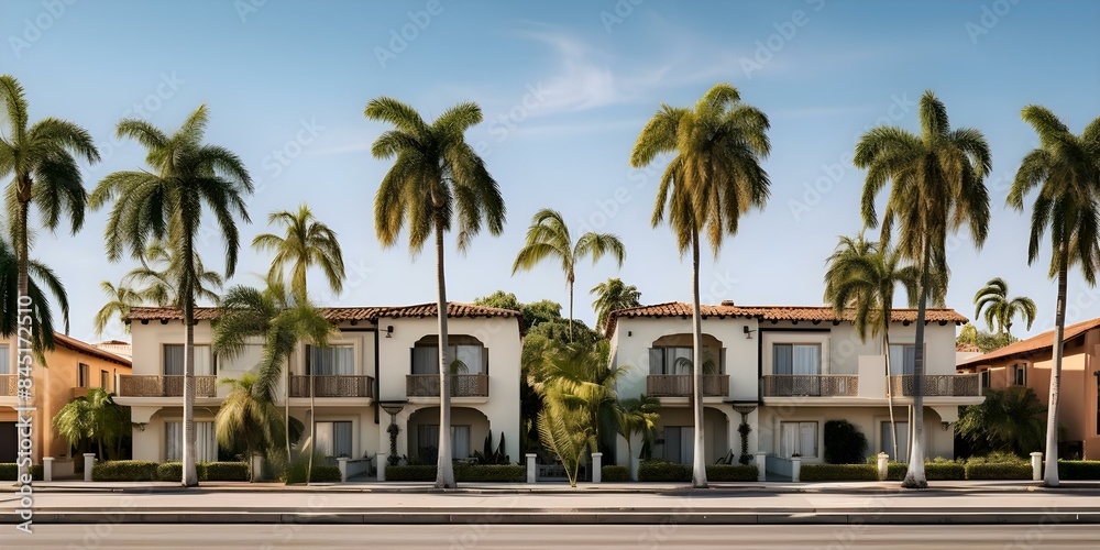 Residential home buildings with tropical trees palm trees and various ...