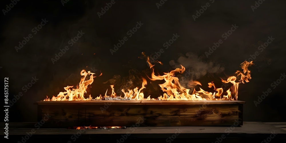 Coffin burning in flames in crematory isolated on black background ...