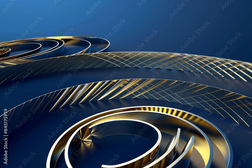 Gold spirals twisting over a deep blue gradient layered with thin ...