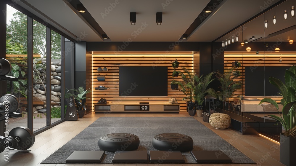 A modern home gym with a feature horizontal slat wood wall with a TV ...