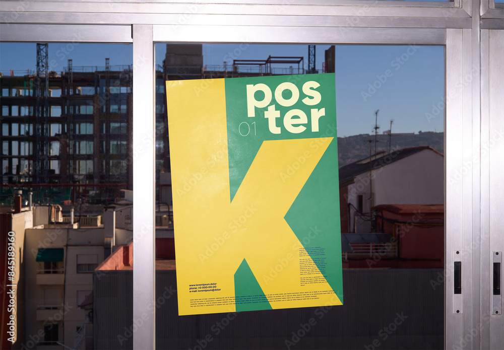 Mockup of vertical customizable poster on window, flash Stock Template ...