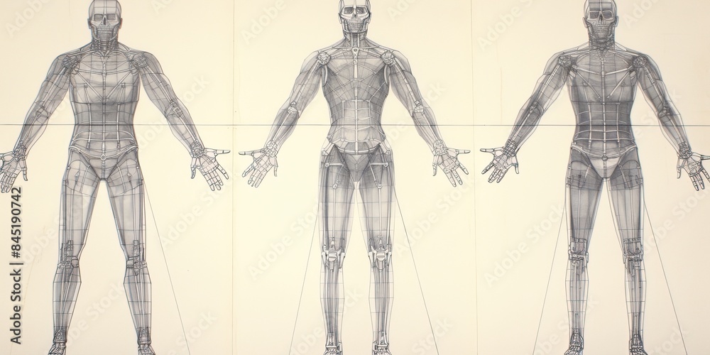 Human body pencil drawing showing symmetrical grid and height marks ...