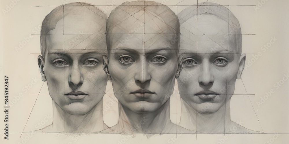 Human face pencil drawing showing symmetrical grid and height marks ...