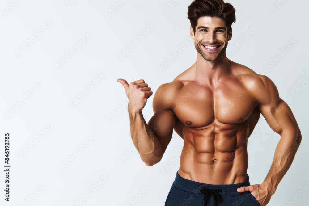 Smiling confident muscular man showing his abs and perfect body ...