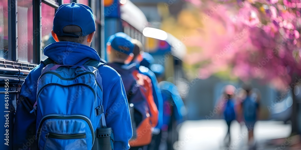 Elementary students waiting in line to board school bus in city ...