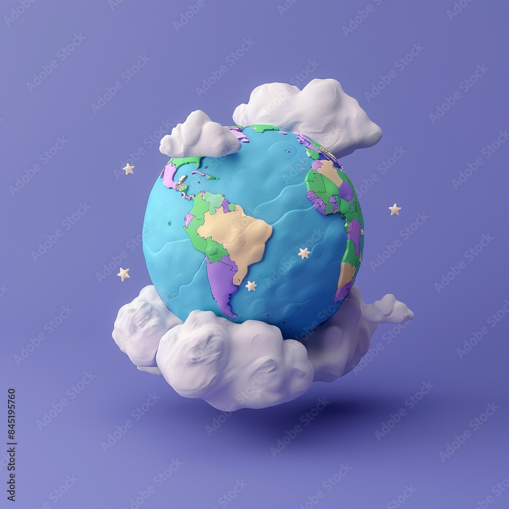 Whimsical clay model of Earth with clouds and stars, on a vibrant ...