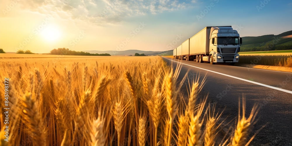 Trucks lined up on highway for wheat cargo transport to export. Concept ...