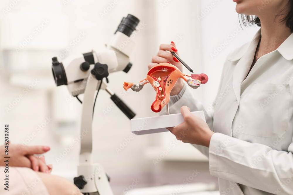 Medical examination in a gynecologist's chair, the doctor shows and ...