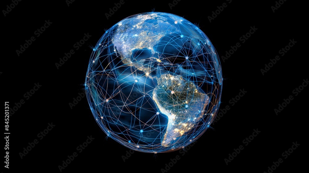 Earth with illuminated continents, interconnected network lines, on a ...