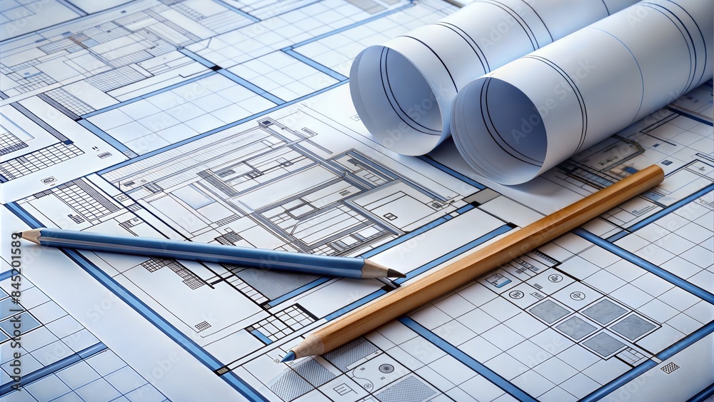 On a table, there is an open blueprint with a floor plan and from which ...