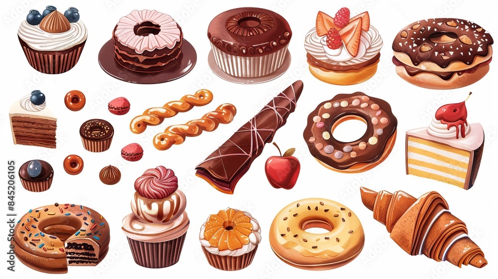 A collection of various sweets and desserts including chocolate cake ...