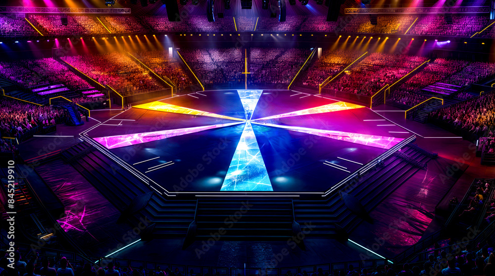 Brightly lit arena with stairs leading up to the center of the arena ...