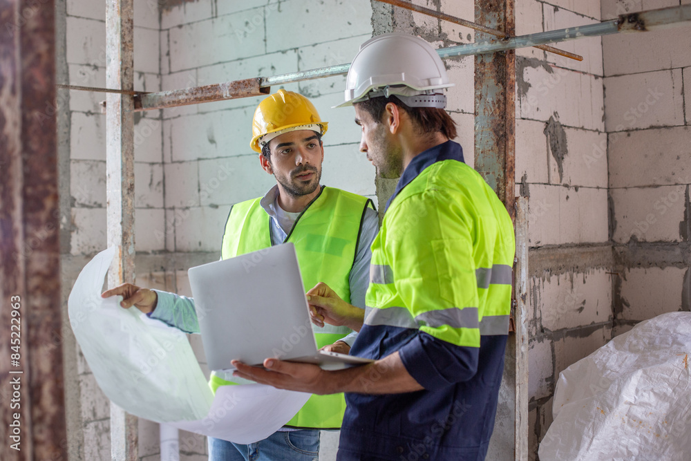 man engineer builder house construction holding blueprint drawing. male ...