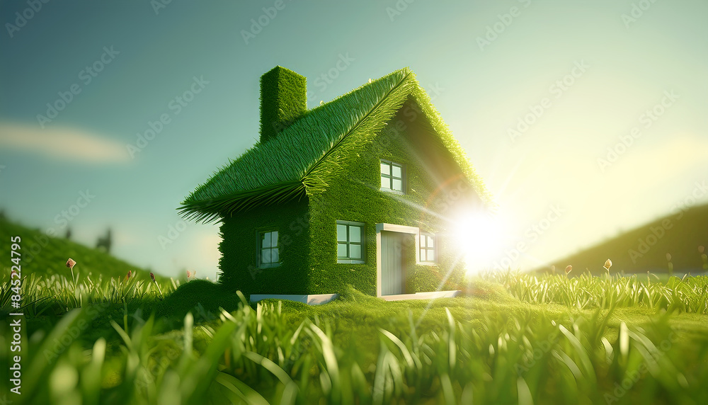 Closeup of a beautiful green house made of a green grass on a meadow ...