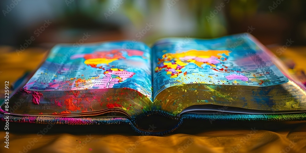 Colorful open bible with world map symbolizing global religious mission ...