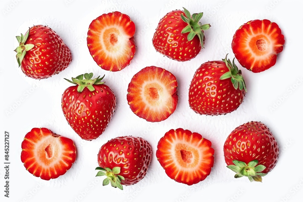 Red Strawberries with green leaf isolate on white background. Top view ...