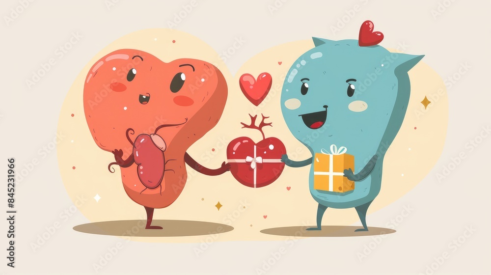 Cartoon characters exchanging gifts with organs inside, highlighting ...