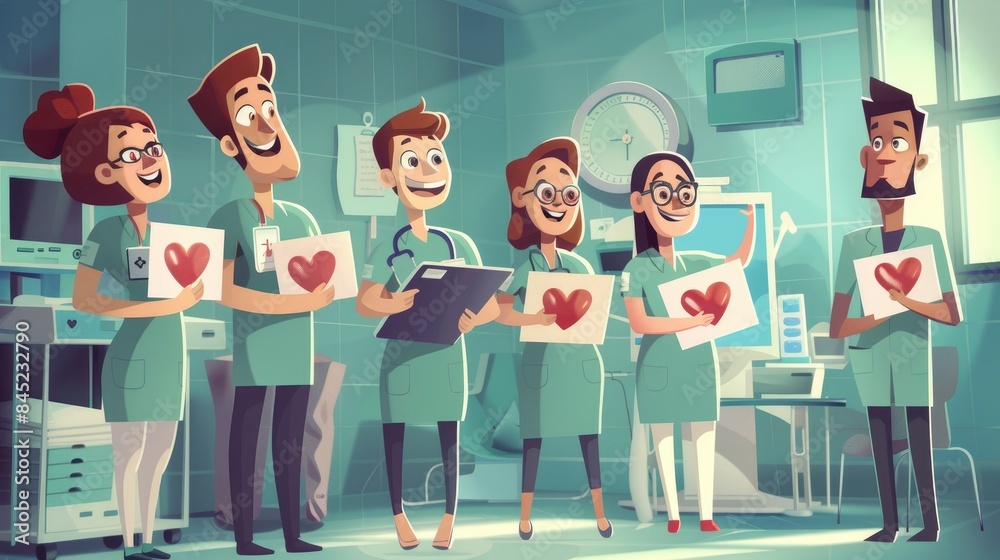 Cartoon of a hospital setting with cheerful doctors and nurses holding ...