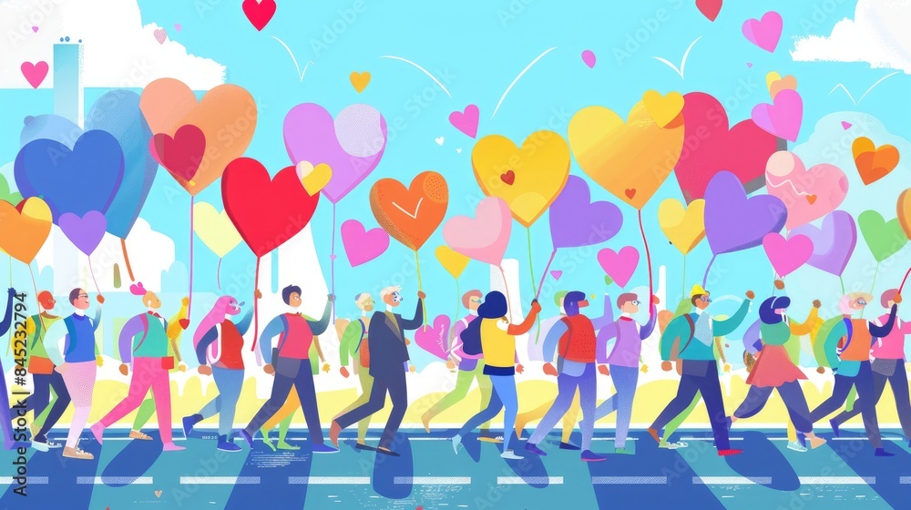 Cartoon of a parade with colorful banners and heart symbols ...