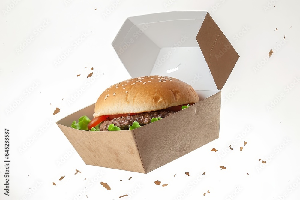 Craft brown burger eco box flying and isolated on white background. Eco ...