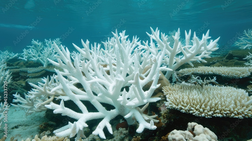 Coral reefs bleaching and dying, representing the devastating effects of global warming on ...