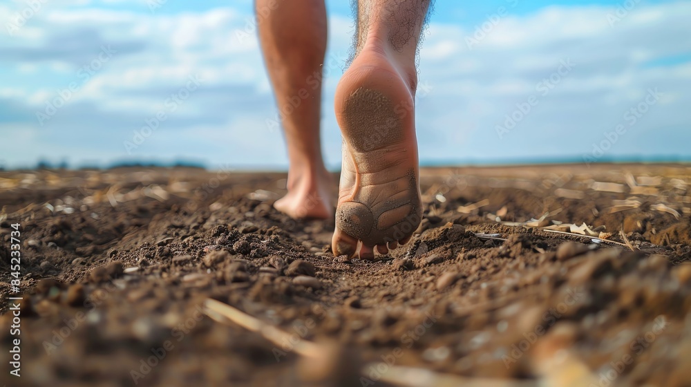 Close up of feet barefoot walking on dry soil, empty farmland ...