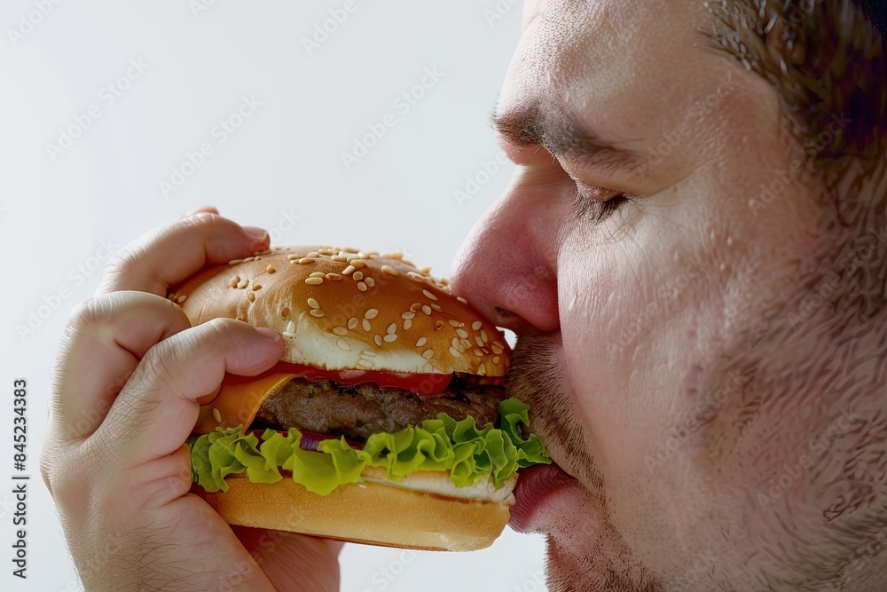 Casual Man Biting into Tasty Burger Isolated on Transparent Background ...
