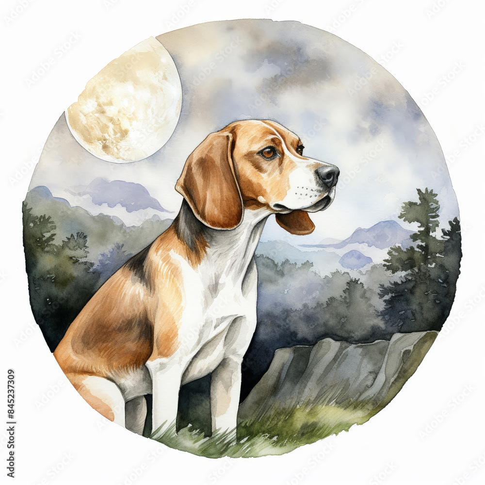 Retro watercolor clipart of a lone beagle sits on mount in wait against ...