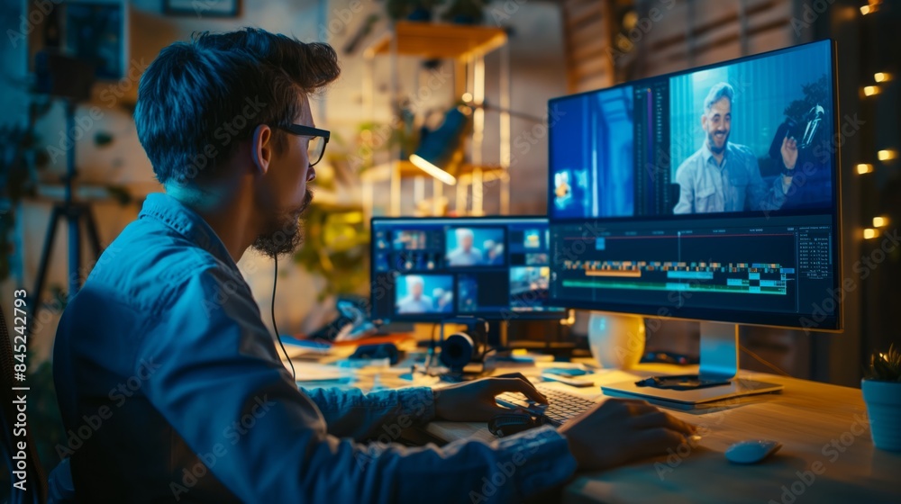 A computer film maker sits at a desk, focused on editing video footage ...
