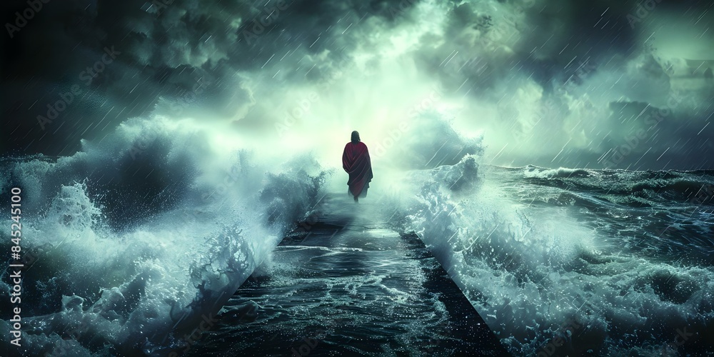 Jesus walks on stormy ocean demonstrating divine power over nature in ...