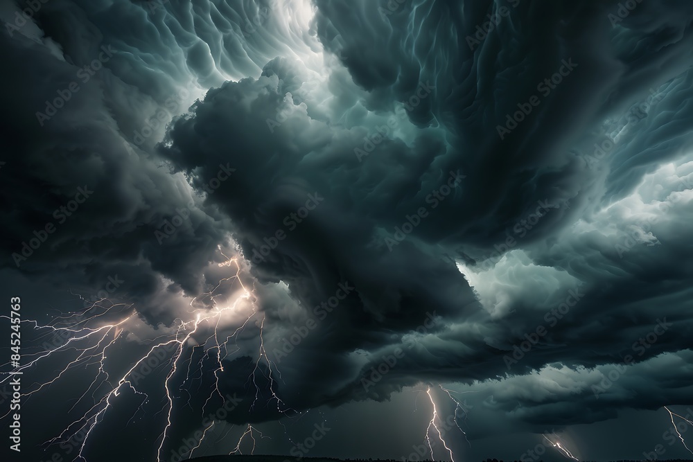 Thunderous dark sky with black clouds and flashing lightning. Panoramic view. Concept on the ...