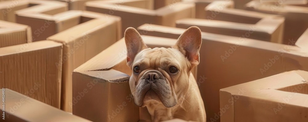 France bulldog exploring a cardboard maze, navigating its twists and ...