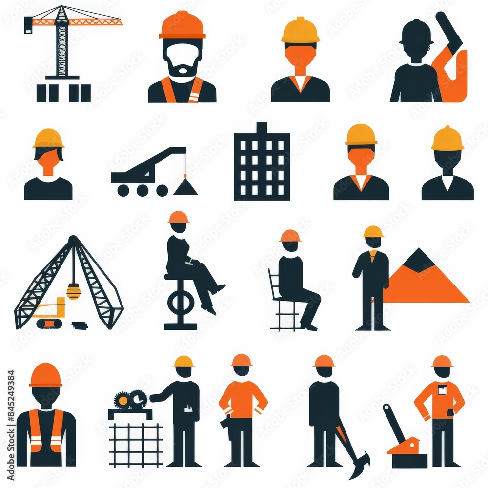 Collection of solid icons featuring construction workers, architects ...