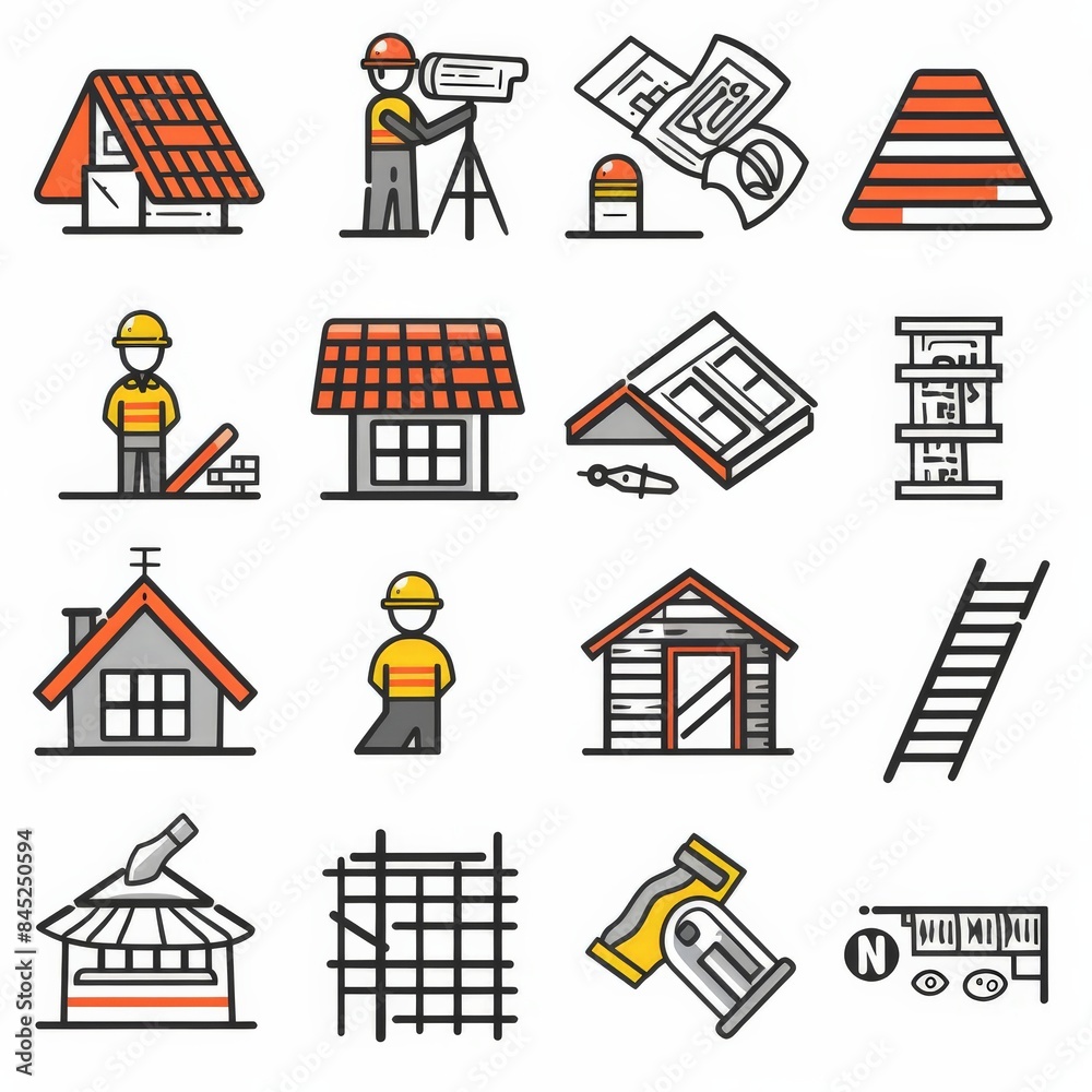 Comprehensive set of roofing maintenance icons, including inspection ...