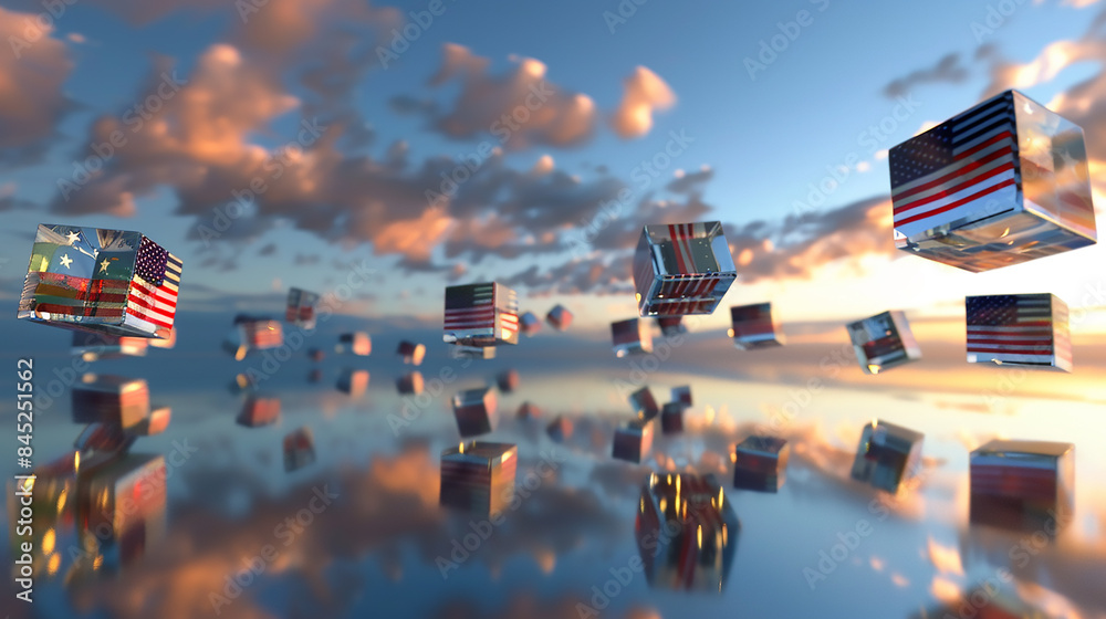 Floating 3D cubes over a reflective surface, each cube displays the ...