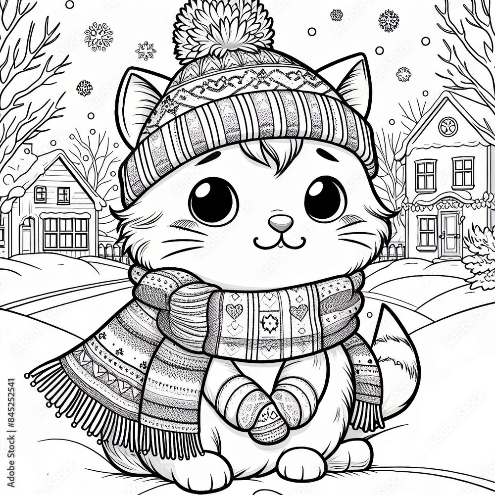 Cute Cat Winter Cartoon ,coloring page Generative AI Stock Illustration ...