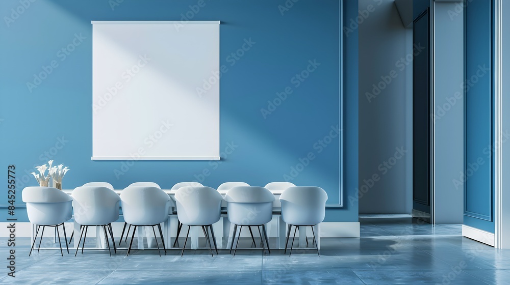 Modern blue meeting room interior with furniture and blank white mock ...