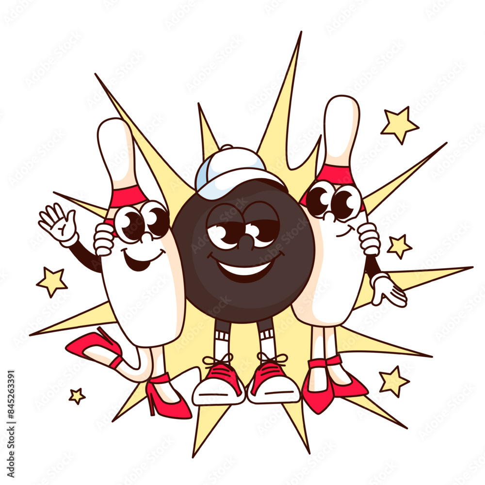 Groovy bowling ball cartoon character hugging pins. Funny retro game ...