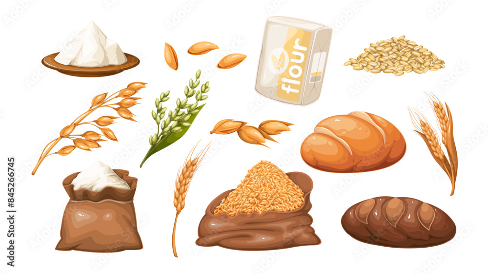 Cereal harvest, cartoon grains and flour for baking bread set. Golden ...