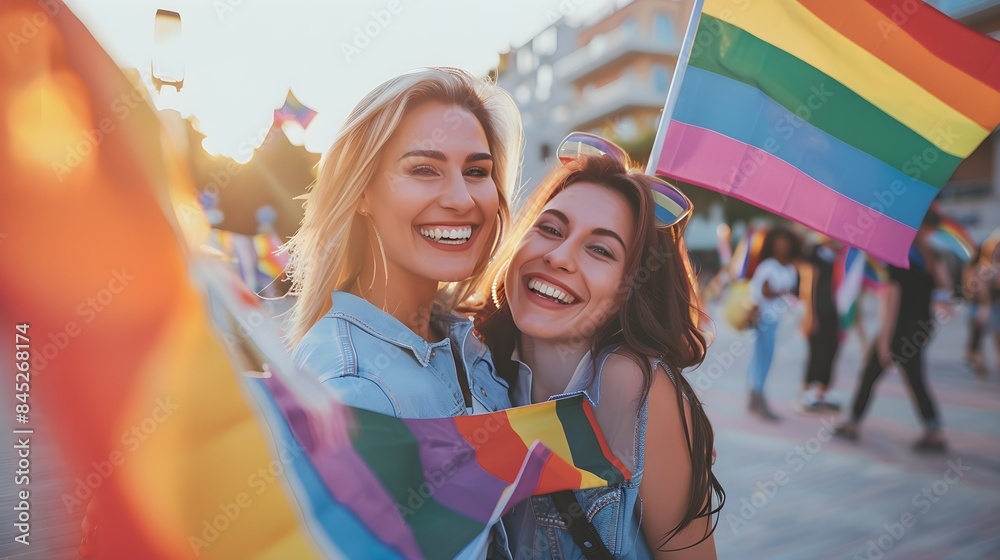 Happy smiling young woman lesbian couple with lgtbq flags celebrating ...