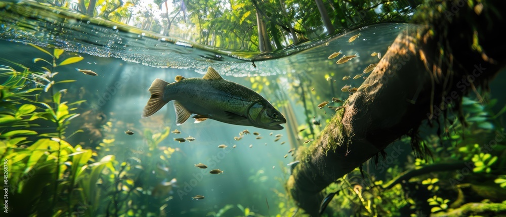 Silver fish leaping in a densely forested river, highlighting the ...