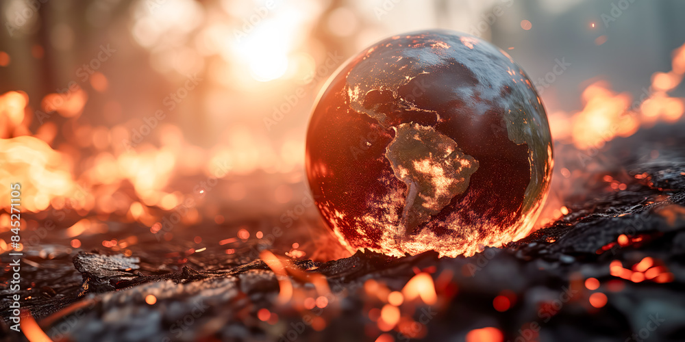 Abstract background of overheated earth globe on polluted land with ...