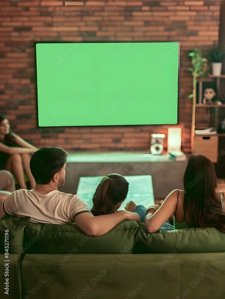 Group of people enjoying movie on television with greenscreen template ...
