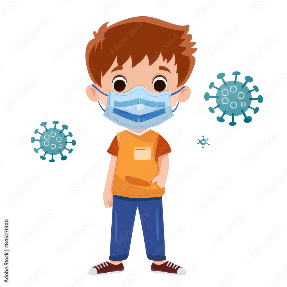Cartoon Boy With Face Mask And Floating Viruses On A Transparent ...