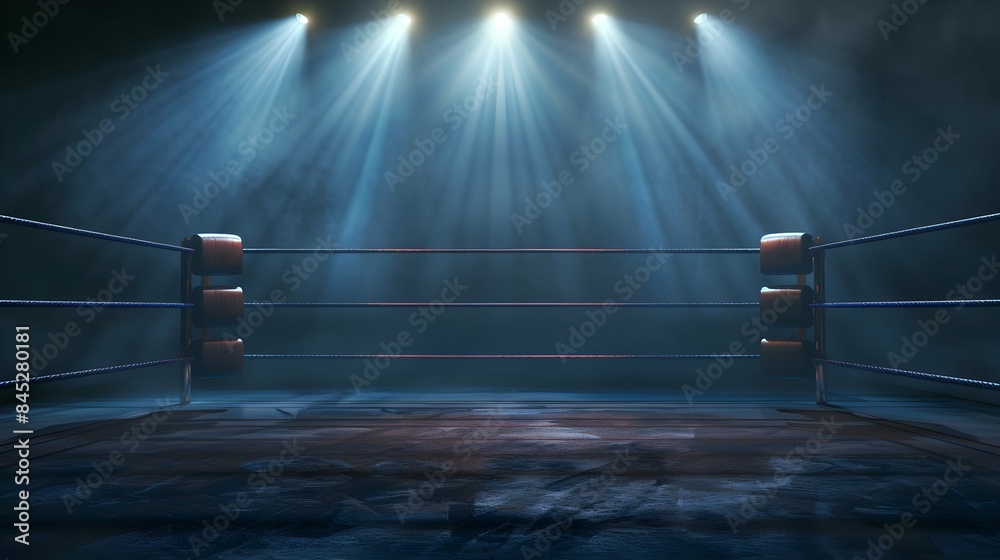 Empty professional boxing ring in the dark, illuminated spotlight ...