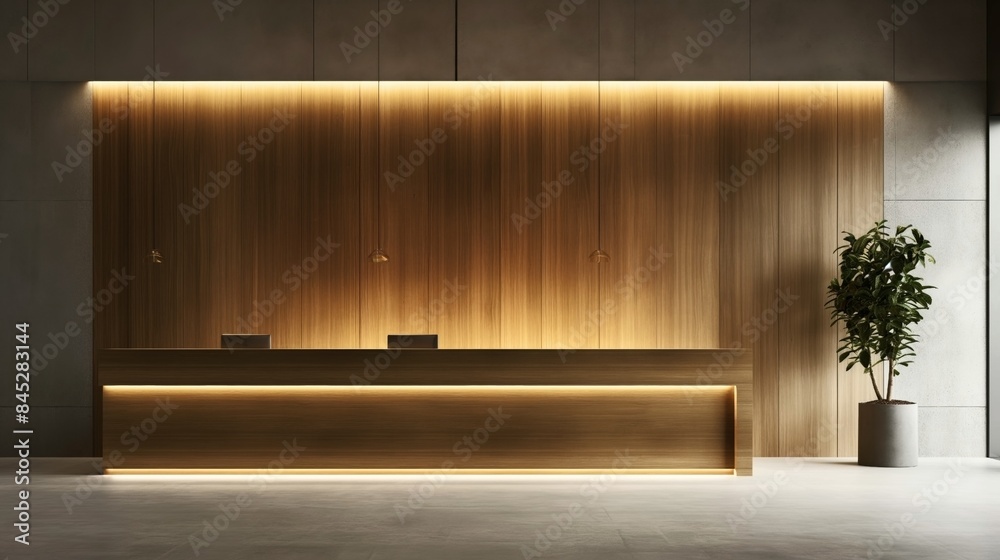 Modern reception desk with wooden paneling and ambient lighting ...