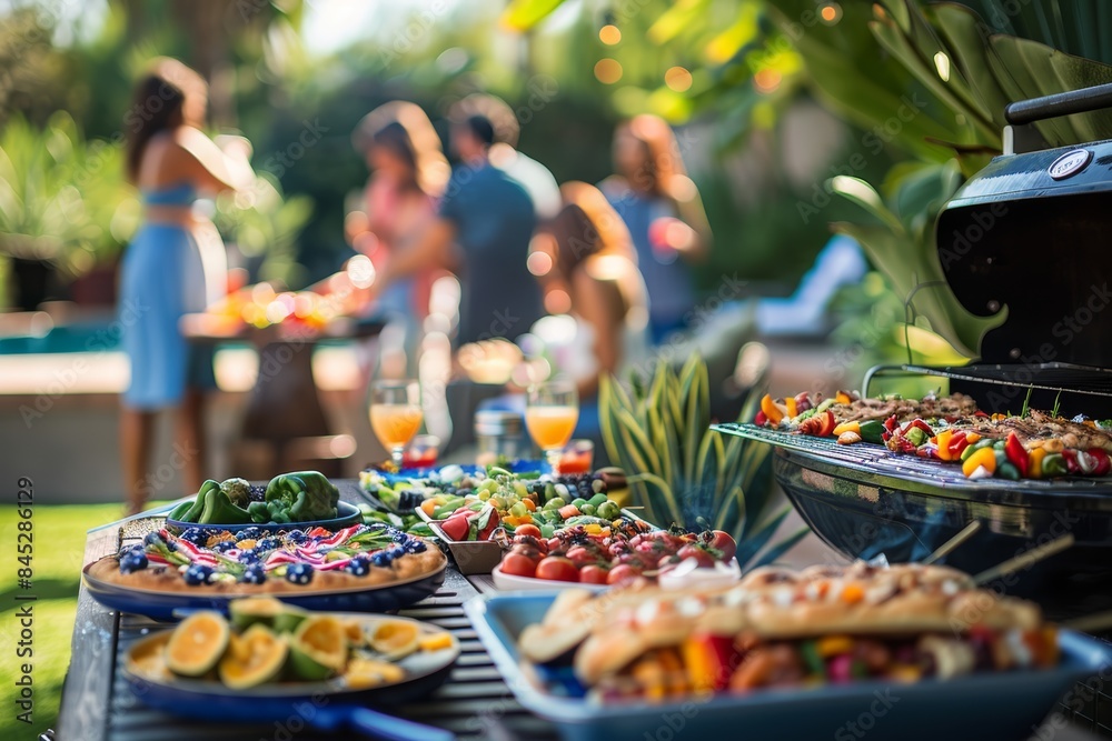 Friends and family around a barbecue grill with patriotic-themed foods ...