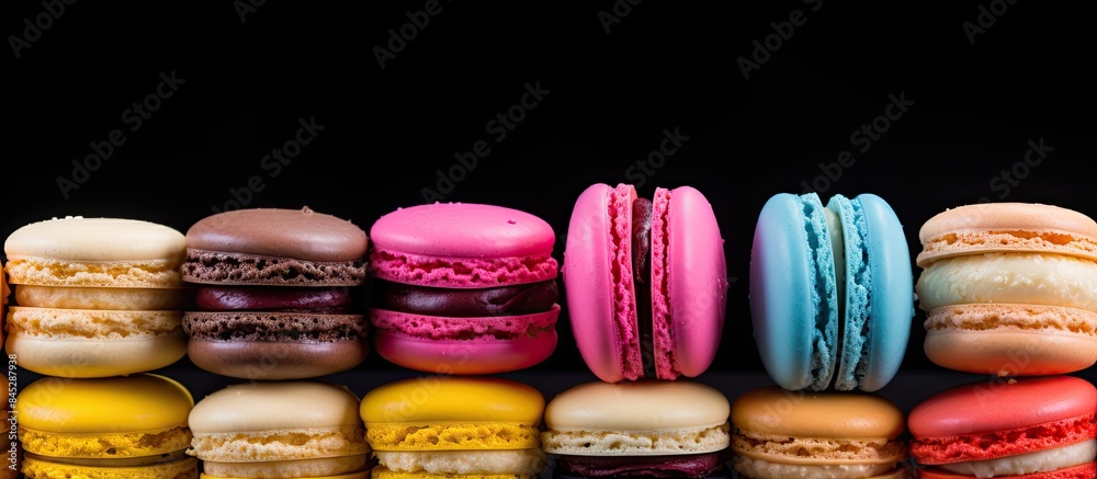 Colorful macarons or macaroons stacked on a black background creating a ...